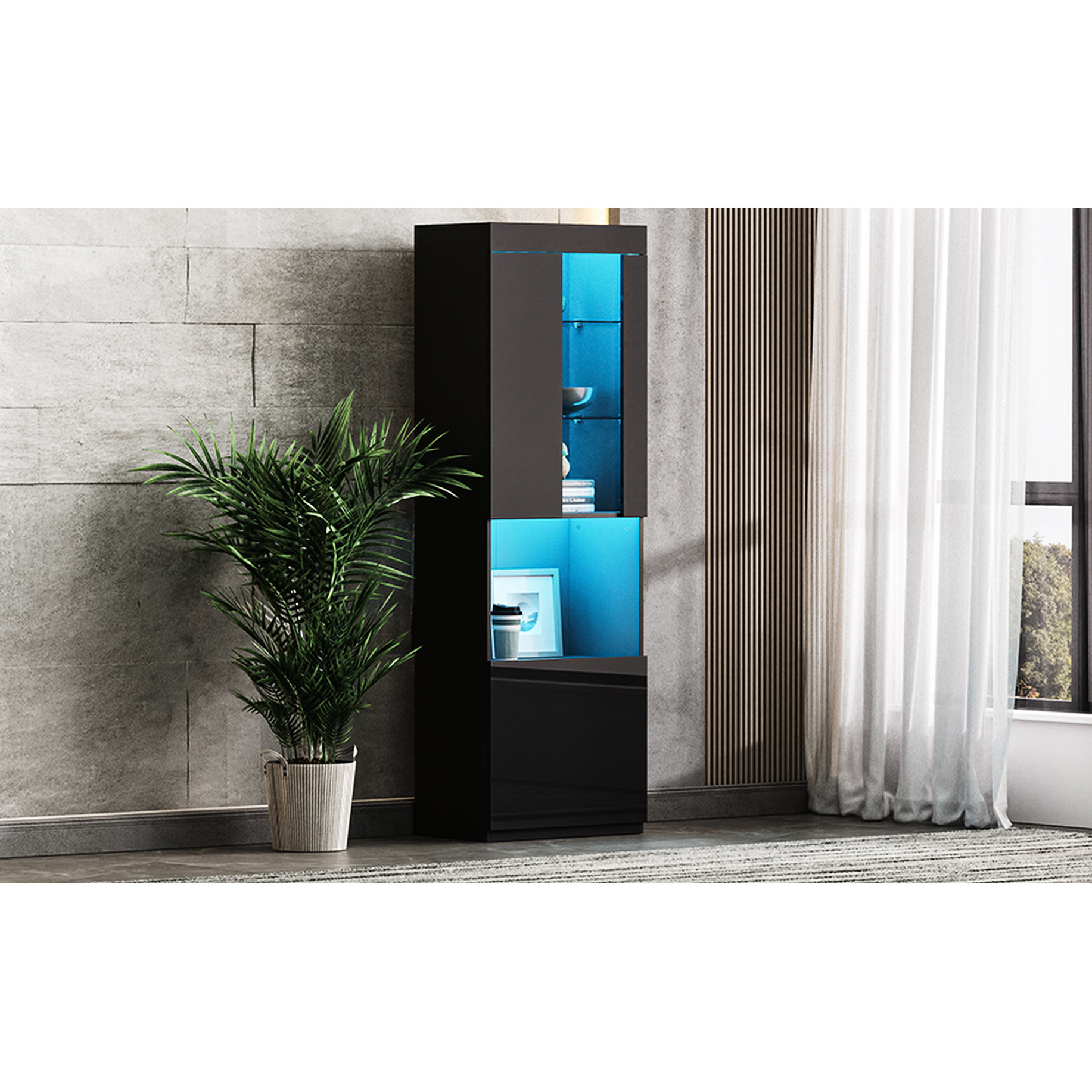 Ivy Bronx 67" Tall Storage Cabinet With Led. Black High Gloss Display For Wine Cellar. Acrylic ...